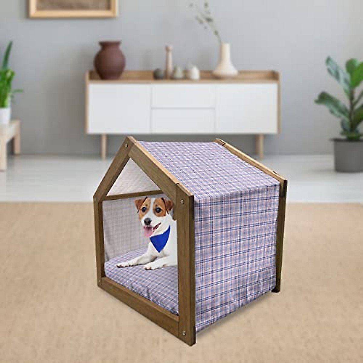 Ambesonne Checkered Wooden Pet House, Country Inspired Old Fashioned Pattern Picnic Theme Soft Colors Print, Indoor & Outdoor Portable Dog Kennel with Pillow and Cover, Medium, Violet Blue White Pink