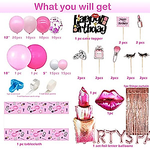 Spa Day Birthday Decorations, Make Up Cake Cupcake Topper Balloons Arch Kit Pink Tablecloth Fringe Curtains for Girls Spa/MakeUp/Salon Theme Birthday Party Supplies Decorations