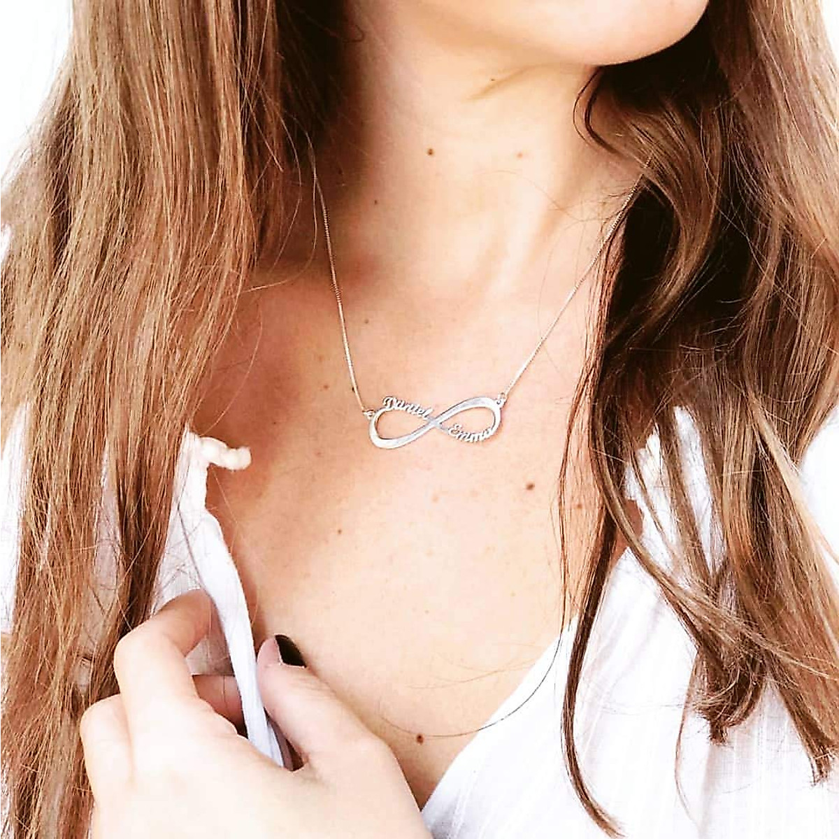 UMAGICBOX Personalized Sterling Silver Infinity Name Necklace with Date Custom Name Infinity Jewelry Anniversary Date Necklace Mother Gift