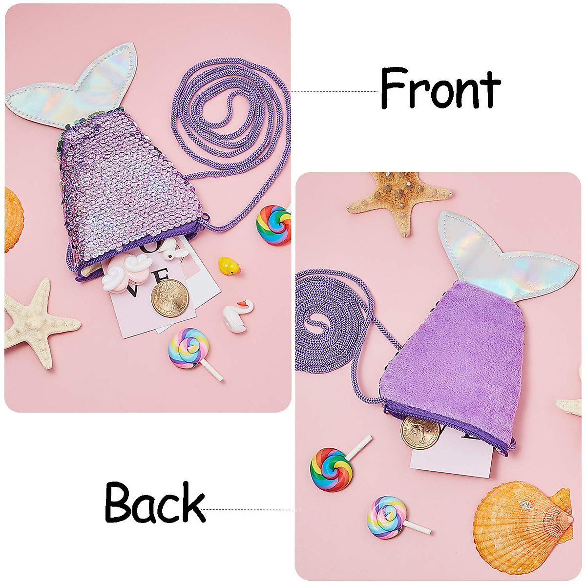 Frienda 10 Pieces Mermaid Tail Coin Purse Sequin Crossbody Coin Wallet Bags for Kids Little Girls Mermaid Party Birthday Gifts