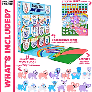 Potty Time Adventures Toddler Potty Training Chart by Lil ADVENTS - 14 Wooden Stacking Blocks / Prizes, Potty Training Advent Game - Behavior Reward Chart, Stickers & Activity Board - Unicorn Friends
