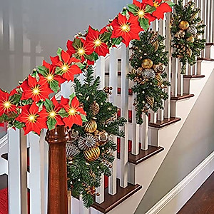 Dazzle Bright 2 Pack 7 FT Christmas Poinsettia Flowers Garland Decorations, 10 LED Lighted Artificial Velvet String Lights with Red Berries, Xmas Ornaments for Indoor Outdoor Fireplace Decor
