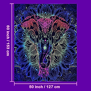 Glow in The Dark Mandala Elephant Throw Blanket, Blacklight Uv Reactive Luminous Blankets Super Soft Plush Flannel Furry Fleece Blanket for Sofa Chair Bed Decor Unique Gifts 60x50 Inches