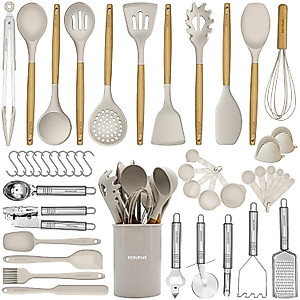 Silicone Kitchen Utensils Set, 46 pcs Cooking Utensils Set-Silicone Spatula Set- Kitchen Gadgets and Tools with Holder-Wooden Handle Silicone Kitchen Utensil with Tongs,Grater (Khaki)