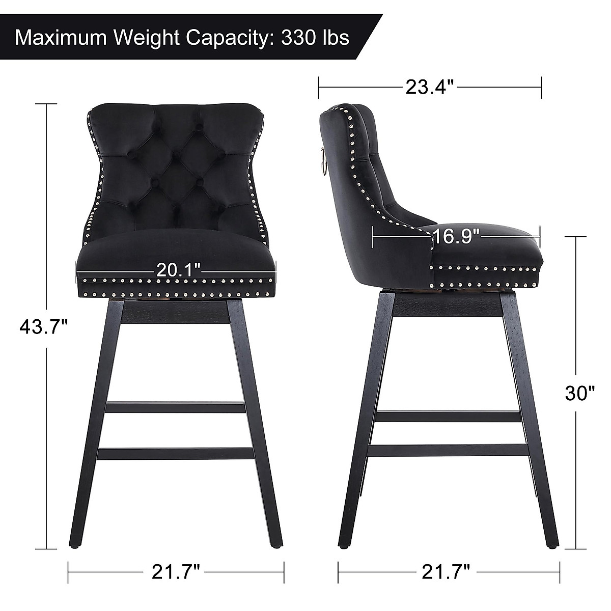 Fahomiss Swivel Bar Stools, Barstool Set of 4 with Back, Bar Height Stools, Black Barstools for Kitchen Island, Counter Height Velvet Bar Stools with Upholstered Seat, Wood Legs for Home Bar