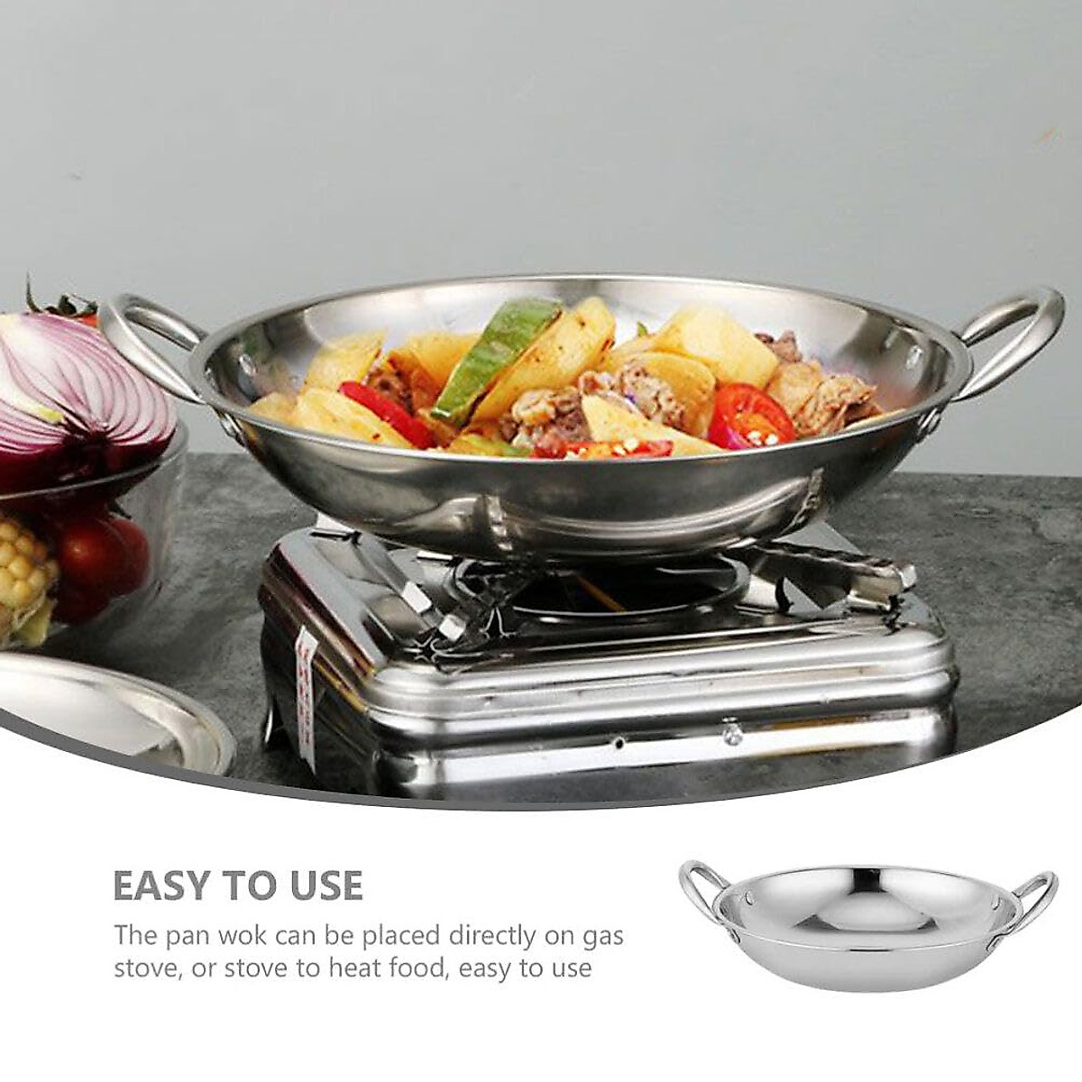 STOBAZA Stainless Steel Wok Pan: Stir Fry Pans Paella Pan Double Handle Cooking Pan Round Bottom Frying Pan Stew Pot Skillet Works Casserole Pots for Home Kitchen