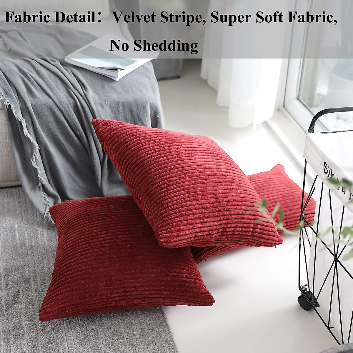 Home Brilliant 16x16 Pillow Covers Super Soft Corduroy Decorative Throw Pillows Cover 40x40 cm Dark Red Velvet Throw Pillows for Couch Sofa Living Room Bedroom, 16 x 16 Inch, Burgundy