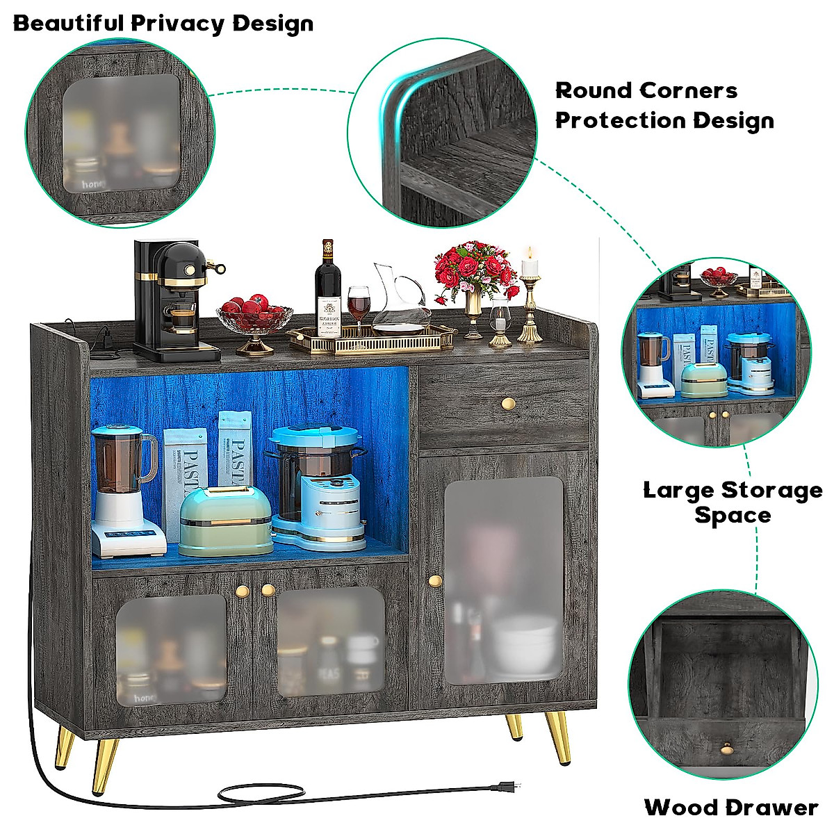 Cyclysio Sideboard Buffet Cabinet with Power Outlet, Kitchen Cabinet with LED Lights, Large Bar Cart Accent Buffet Cabinet with Door for Bedroom, Living Room, Kitchen, Hallway, Grey