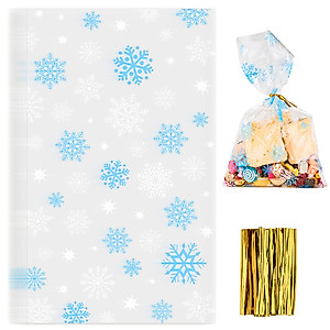 Whaline 100 Pcs Christmas Cellophane Bags with 100 Gold Twist Ties, Xmas Clear Candy Cookie Treat Bags for Christmas Party Supplies (Snowflake)