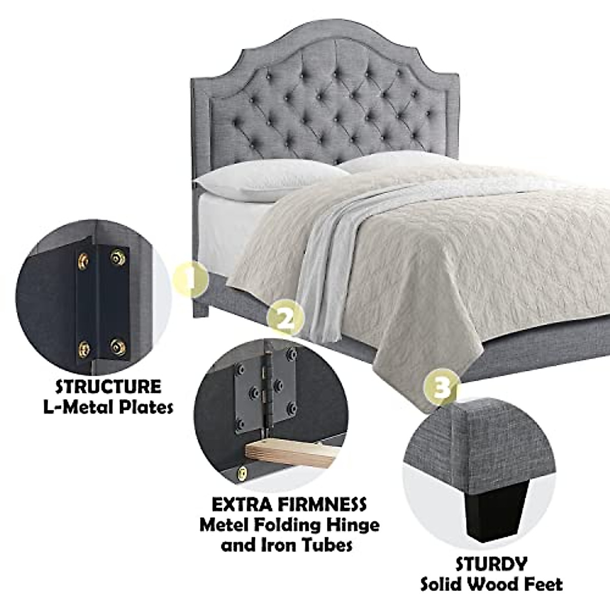 Rosevera Angelo Linen Upholstered Bed with Adjustable Headboard and Button Tufting, Full, Gray