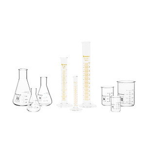 United Scientific™ Advanced Glassware Set of 9, Beakers 50ml, 100ml, 250ml, Class A Cylinder 10ml, 50ml & 100ml & Erlenmeyer Flasks 50ml, 100ml & 250ml