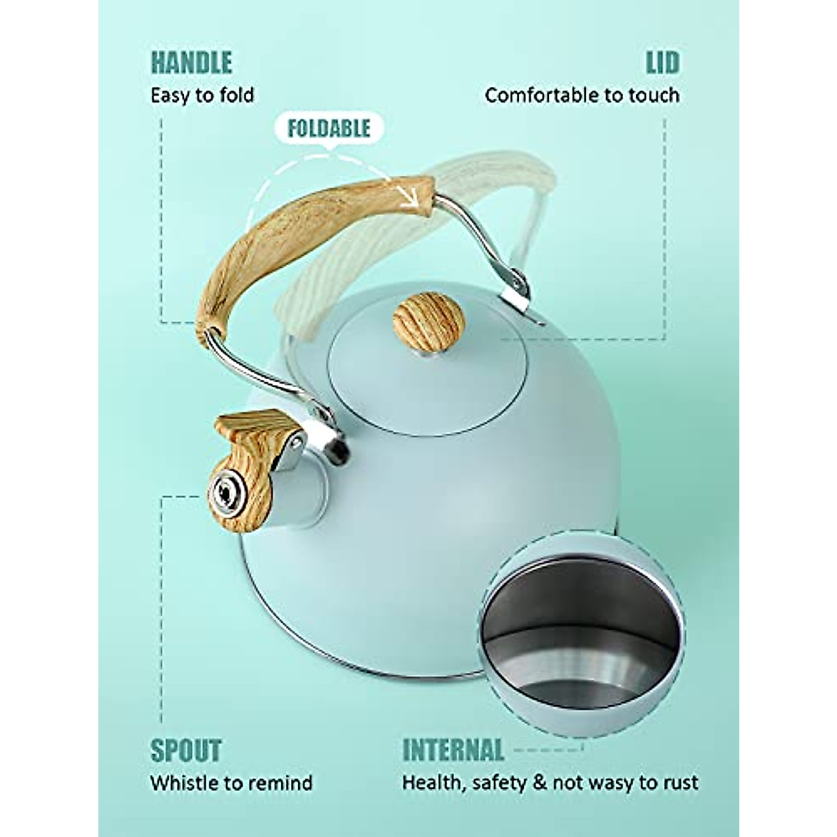 Tea Kettle, BELANKO 85 OZ / 2.5 Liter Whistling Tea Kettle, Tea Pots for Stove Top Food Grade Stainless Steel with Wood Pattern Folding Handle, Loud Whistle Kettle for Tea, Coffee, Milk - Turquoise