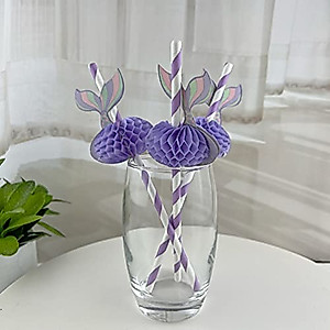 ABOOFAN Neon Straws Mermaid Paper Straws Biodegradable Striped Paper Straws Purple Honeycomb Drinking Straws 50pcs for Birthday Party Under The Sea Party Supplies Colored Straws