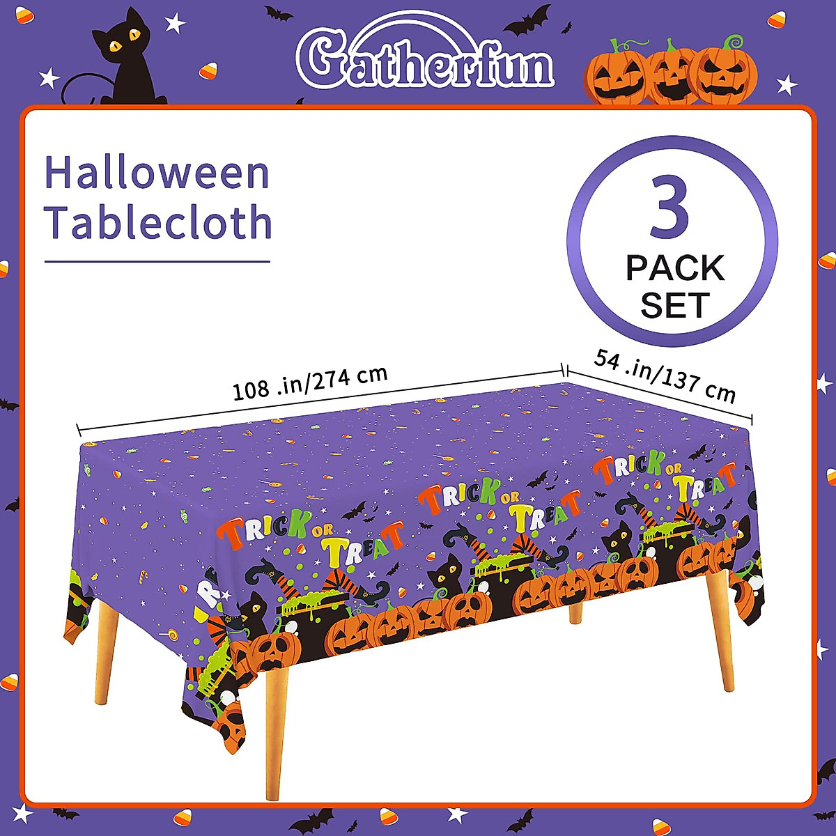 Gatherfun Halloween Party Disposable Tablecloth, Plastic Table Cover for Halloween Themed Party, Halloween Party Supplies, 3 PCS, 54”x108”