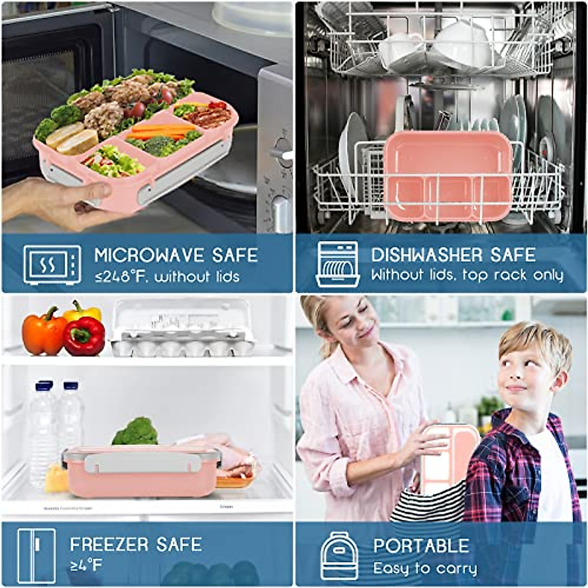 Zekloca Bento Box, 1300ML 4 Compartment Lunch Box Kids, Leak-Proof Design, Microwave/Dishwasher/Freezer Safe, BPA Free, Pink