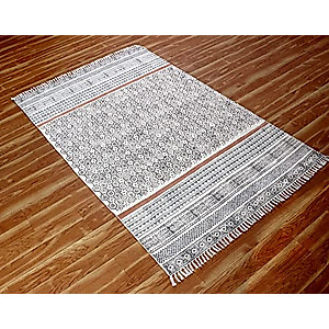 Casavani Hand Block Printed Tassels Throw Rugs Brown, Black Geometric Area Rug Doormat Floor Rug Indoor Area Rugs for Bedroom Living Room Laundry Room 3x10 Feet Runner