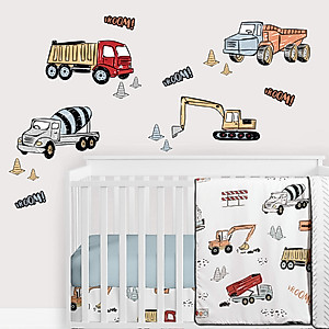 Sweet Jojo Designs Construction Truck Large Peel and Stick Wall Decal Stickers Art Nursery Decor Mural - Set of 4 Sheets - Grey Yellow Orange Red and Blue Transportation Zone Vehicles