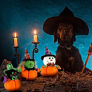 3 Pieces Halloween Plush Toys Set, Pumpkin Stuffed Figurines Witch, Black Cat, Snowman for Halloween Decorations, 9.5 x 4.7 Inch