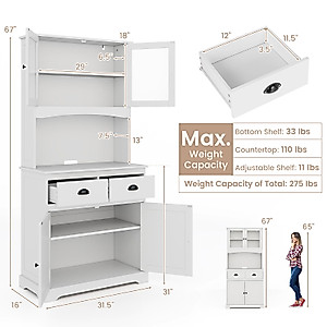 SILKYDRY 67” Kitchen Hutch Storage Cabinet, Tall Pantry Buffet Cabinet with Glass Doors, Adjustable Shelves, 2 Large Drawers, Dining Room Cupboard, Kitchen Hutch with Countertop