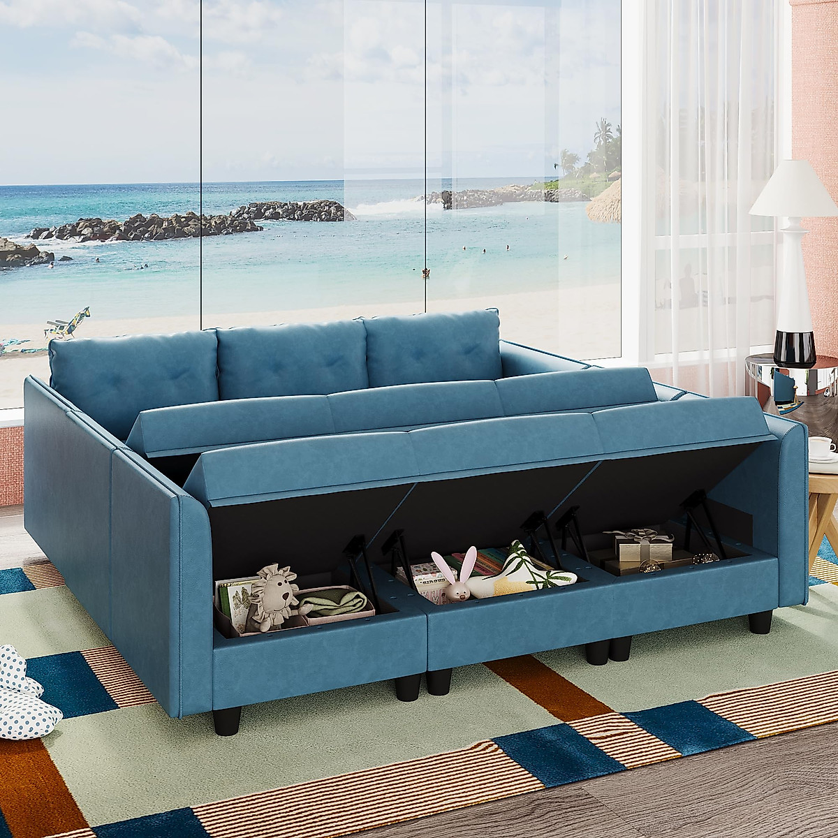 LLappuil Modular Sectional Sofa Faux Leather Sleeper Sectional Couch with Storage Convertible 9 Seats Modular Sofa Bed for Living Room, Navy Blue