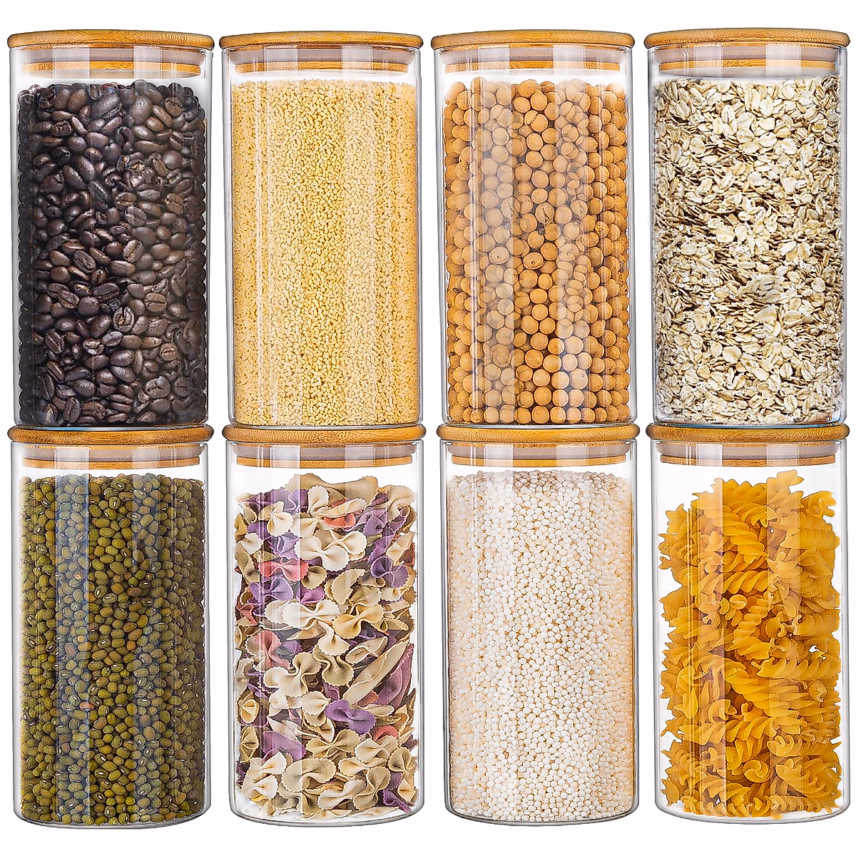 Homjoy 8 Pack Food Grade Glass Jars with Bamboo Lids, 34 FL OZ Airtight Glass Food Storage Containers with 104 Labels, Glass Flour and Sugar Containers for Flour, Sugar, Pasta,Coffee, Oats, Beans