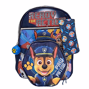 Paw Patrol 5 Piece Ready for Action Backpack Set for Kids, Kindergarten Toddler’s Schoolbag with Insulated Lunch Box, Pencil Case, Cinch Shoe Bag and Squishy Ball Toy Dangle