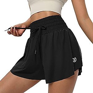 High Waisted 2 in 1 Flowy Butterfly Running Shorts, Women Athletic Shorts with Pockets Gym Yoga Tennis Shorts Teen Girls-(Black,XL)