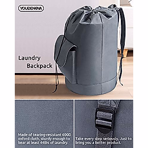 YOUDENOVA Backpack Laundry Bag with Padded Adjustable Shoulder Strap and Pocket for College Dorm, Durable Oxford Backpack Hamper Bag with Drawstring Closure for Travel, Camping, XL