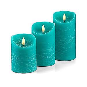Set of 3 Realistic Flameless Turquoise LED Candles with Remote Control - 4'' 5'' 6'' Electric Wickless Pillar Battery Operated Candles with Flickering Flame Timer