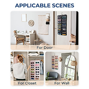 BAGSMART Hanging Jewelry Organizer, Dust Proof Sunglasses Storage Case Wall Mounted, Travel Dual Sided Glasses Case Multiple Pairs, Eyeglasses Holder with 32 Clear Slots & Metal Hook, Black