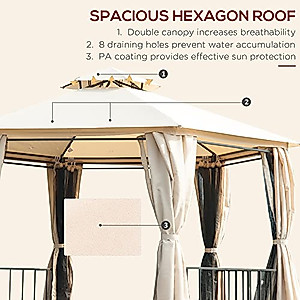 Outsunny 13' x 13' Patio Gazebo, Double Roof Hexagon Outdoor Gazebo Canopy Shelterwith Netting & Curtains, Solid Steel Frame for Garden, Lawn, Backyard and Deck, Beige