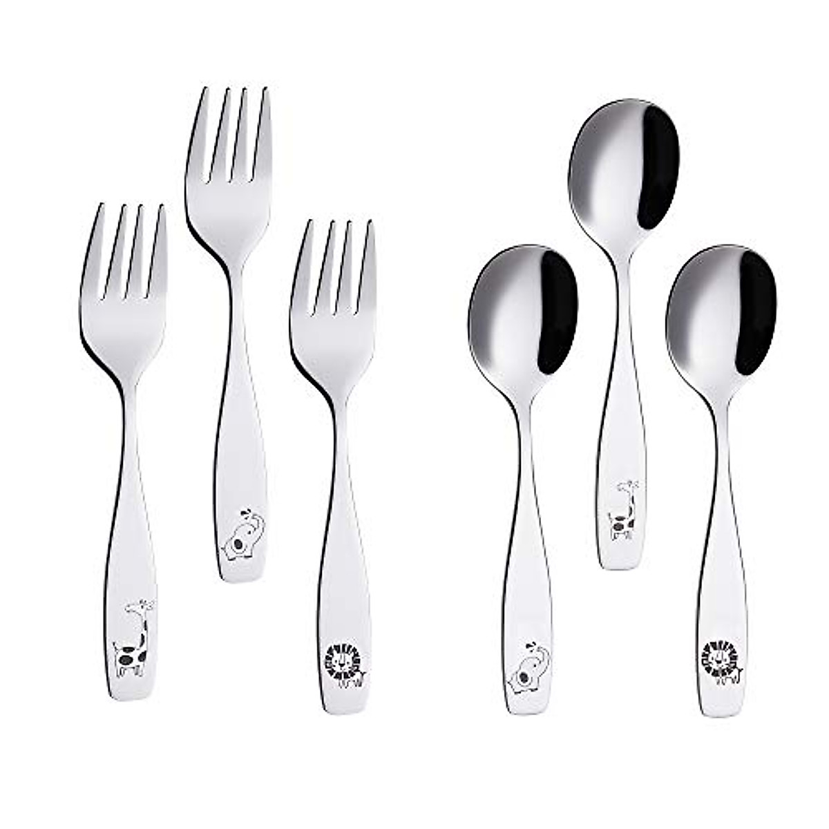 ANNOVA Kids Silverware 6 Pieces Children's Safe Flatware Set Stainless Steel - 3 x Children Forks, 3 x Dinner Spoon, Toddler Utensils, for Lunchbox (Safari Animals Etched Elephant, Giraffe, Lion)