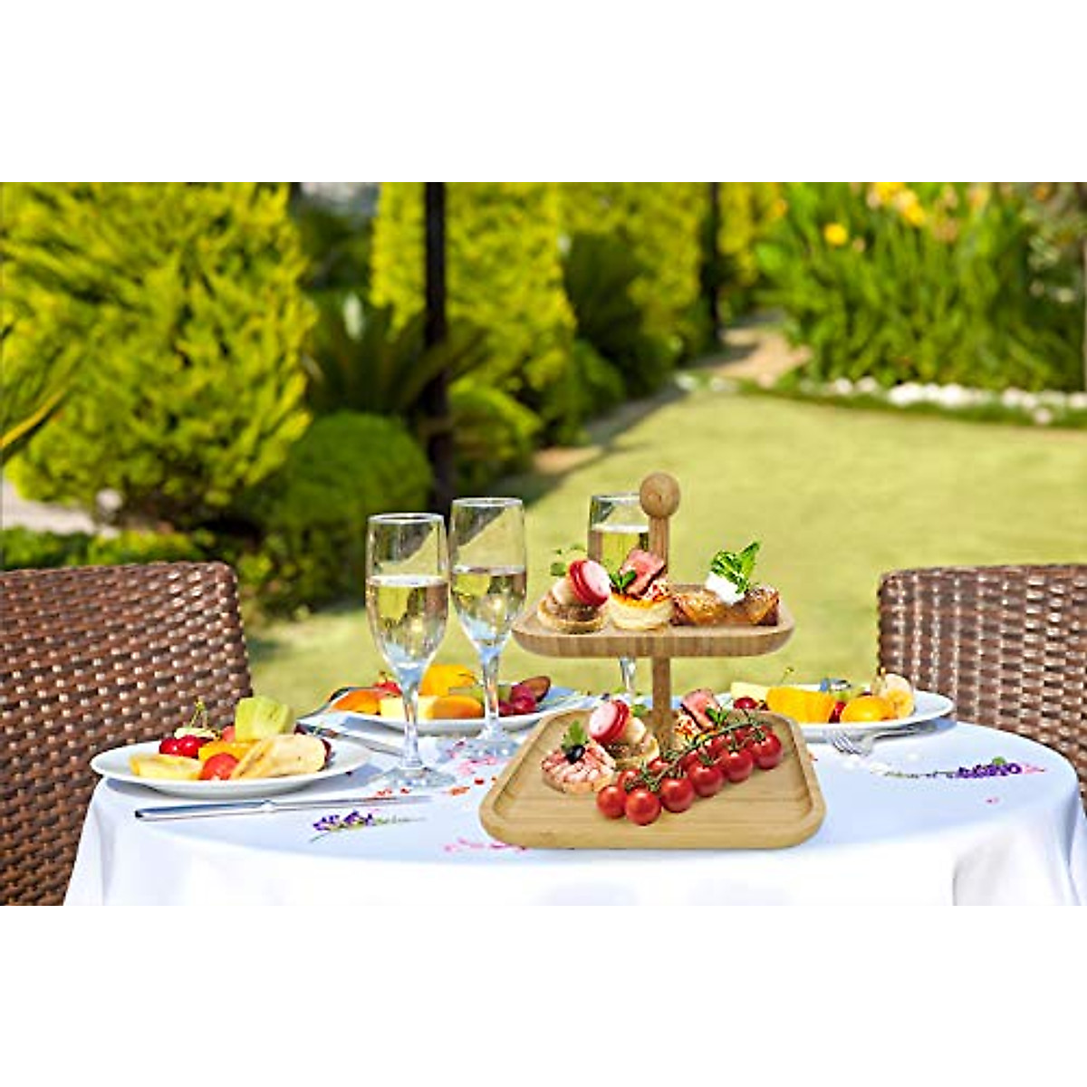 Decorative 2-Tier Square Bamboo Serving Tray with Wooden Handle - Cupcake Stand - Home Decor for Kitchen Counter, Dining Room Table, and Coffee Bar - 9.5" x 9.5" x 10"