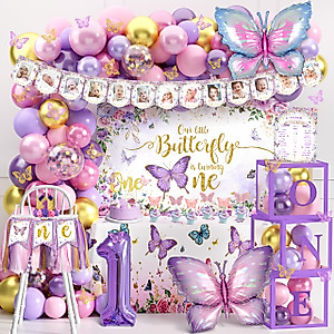 Butterfly First Birthday Decorations for Girl Pink Purple Butterfly 1st Birthday Party Decoration Supplies Include Balloon Arch Balloon Boxes Butterfly Backdrop Tablecloth Birthday Hat