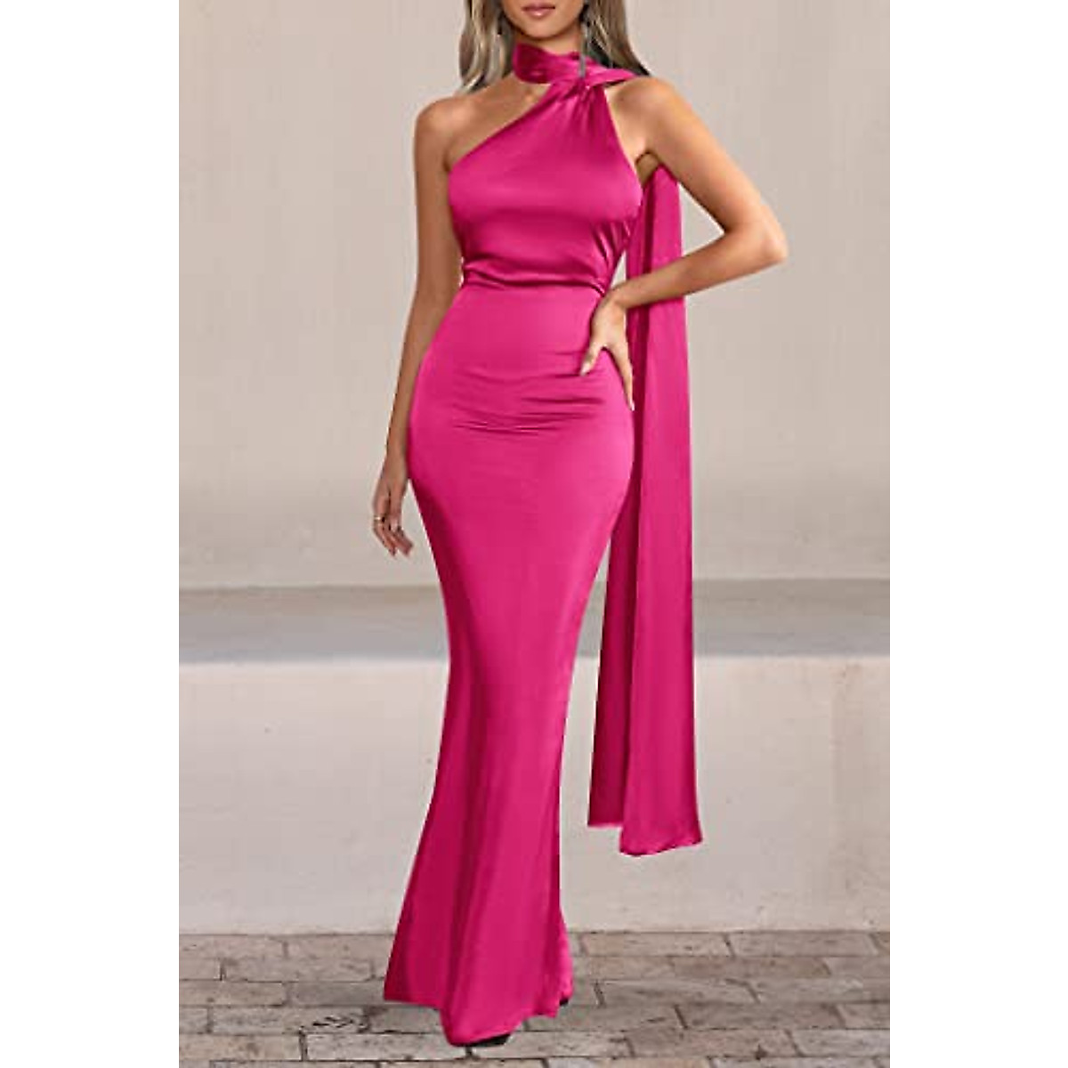 PRETTYGARDEN Women's Maxi Satin Dress Sleeveless Halter Neck Backless Long Formal Evening Cocktail Dresses (Rose Red,X-Large)