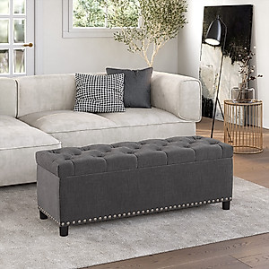 BELLEZE 47 Inch Storage Ottoman, Button-Tufted Ottoman Linen Storage Bench with Safety Close Hinge, Ottoman with Storage for Living Room, Entryway, Hallway, Foot Rest, Support 300lbs - Dark Gray