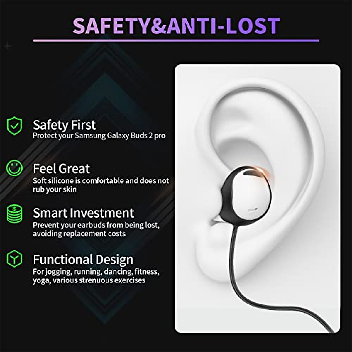 WOFRO Anti-Lost Strap for Galaxy Buds 2 Pro (2022), Sports Soft Silicone Lanyard Accessories Compatible with Samsung Galaxy Buds Pro 2 True Wireless Bluetooth Earbuds Neck Rope (Black), In Ear