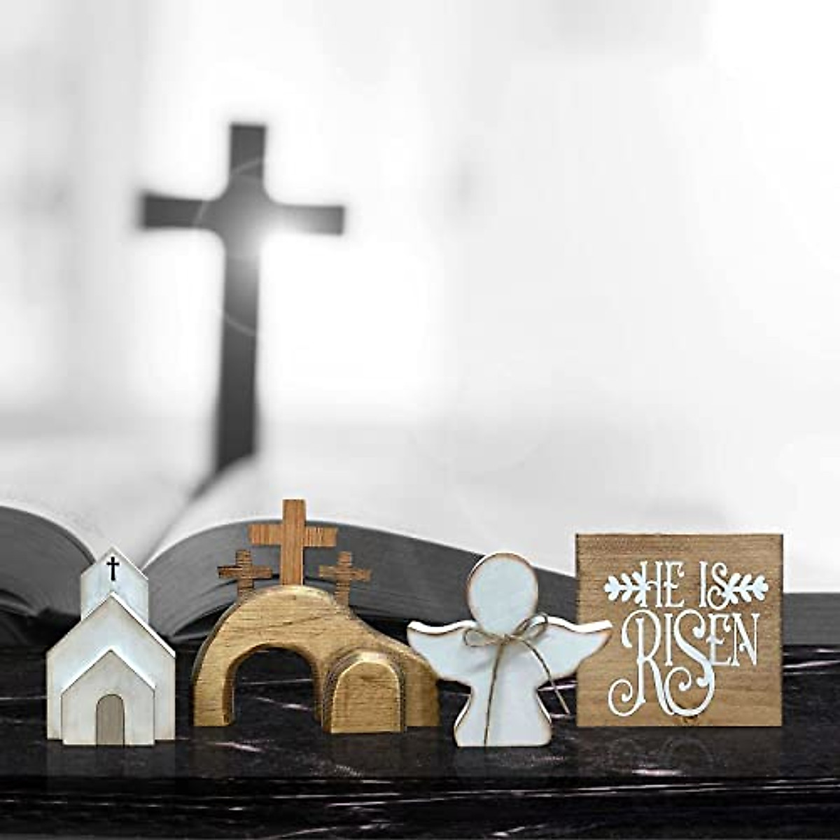 Jesus Tomb Easter Tray Bundle Kit, Wooden Easter Jesus Sign Tiered Tray Decorations, He is Risen Easter Tiered Tray Decor Farmhouse Rustic Tiered Tray Items, Easter Decor for Home Office (Set of 4)