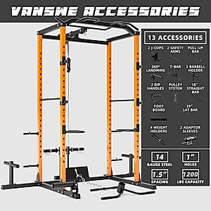VANSWE Power Cage with LAT Pulldown Attachment, 1200-Pound Capacity Power Rack Full Home Gym Equipment with Multi-Grip Pull-up Bar, Landmine, T bar and Dip Handle (2024 Updated Version) (Orange)
