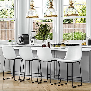 REONEY Bar Stools Set of 2, PU Leather Counter Height Bar Stools, 26" Modern Bar Stools with Metal Legs and Footrest, Urban Armless Dining Chairs with Backrest for Kitchen Island (White)