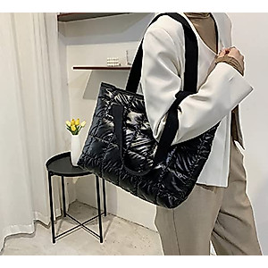 Women Light Weight Puffer Quilted Tote Winter Handbag Shoulder Bag (Black)