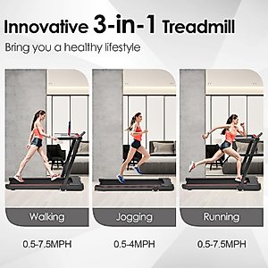 GYMAX Treadmill with Desk, 3 in 1 Under Desk Treadmill Walking Pad with Removable Desktop, LED Monitor, 12 Preset Programs, Built-in Speaker & Remote, Foldable Treadmill for Office Home Gym (Black)