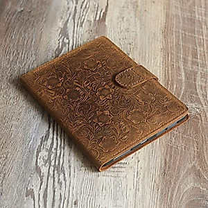 Floral Tooled Leather 2022 ipad pro 12.9 case, Leather ipad 10th gen case covers, Leather iPad mini 6 case, Brown 606