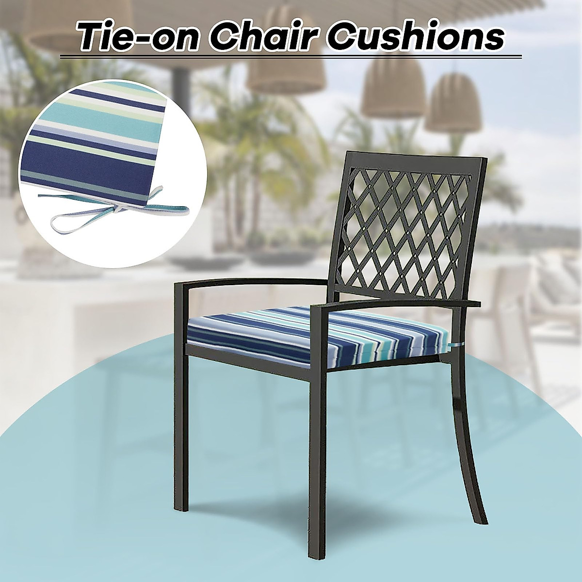 Basic Beyond Outdoor Chair Cushions for Patio Furniture, Waterproof Outdoor Cushions, Square Corner Patio Chair Cushions Set of 4 with Ties, 18.5"x16"x3", Pinstriped Blue