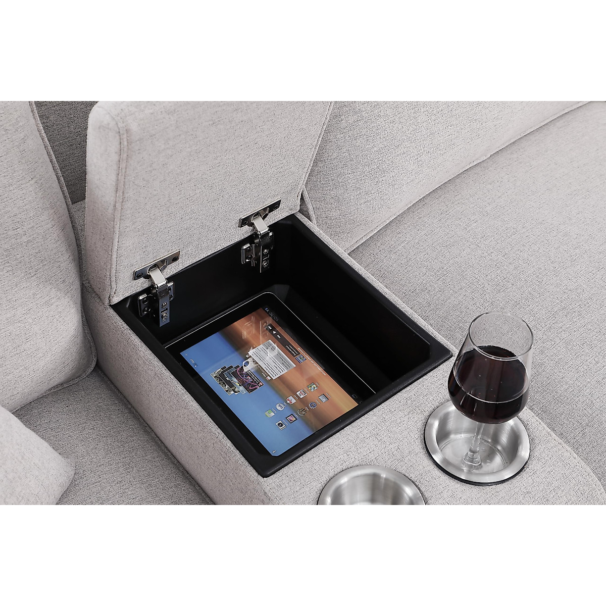 WOODRK Upholstered Sectional Sofa Set with Ottoman and Mobile Armless Chairs, Linen Couch with 2 Cup Holders, USB Ports and Storage Space, for Living Room, Apartment, Light Gray