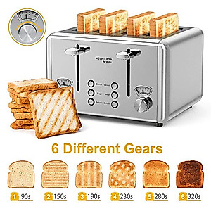Toaster 4 slice,whall Stainless Steel Toaster 6 Bread Shade Settings,Bagel/Defrost/Cancel Function with Dual Control Panels,Removable Crumb Tray,Extra Wide Slots,for Various Bread Types 1500W