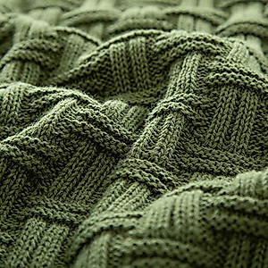 RUDONG M Forest Green Cotton Cable Knit Throw Blanket, Cozy Warm Knitted Couch Cover Blankets, 50 x 60 Inch
