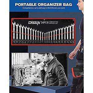 DISEN 24pcs Combination Wrench Set, Metric/SAE, IN/MM Wrench Set with Tool Roll,12 Point Combination Wrench, 7-18mm and 1/4-7/8" Box End and Open End Wrench Set, Drop Forged Steel