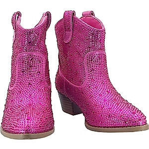 Forever Girls Rhinestone Cowboy Boots Kids Low Heel Dress Booties River-01K Fuchsia 2