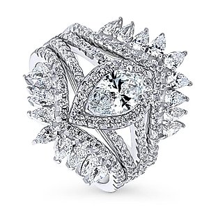 BERRICLE Sterling Silver Halo Wedding Engagement Rings Pear Cut Cubic Zirconia CZ Split Shank Ring Set for Women, Rhodium Plated Size 6